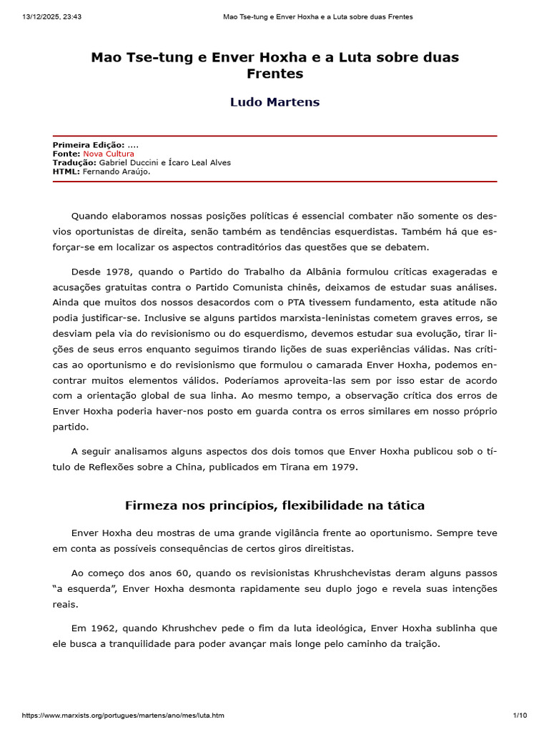 Ludo Martens, Mao Tse-Tung e Enver Hoxha e A Luta Sobre Duas Frentes ...