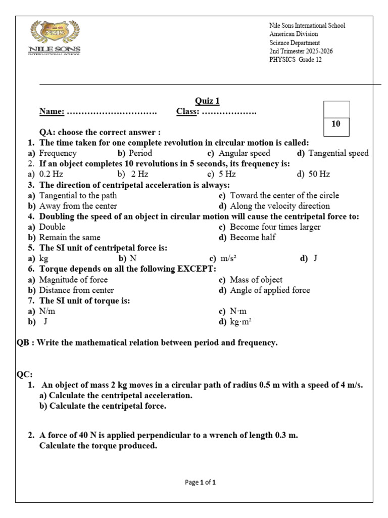 Grade 12 Physics Quiz on Circular Motion | PDF