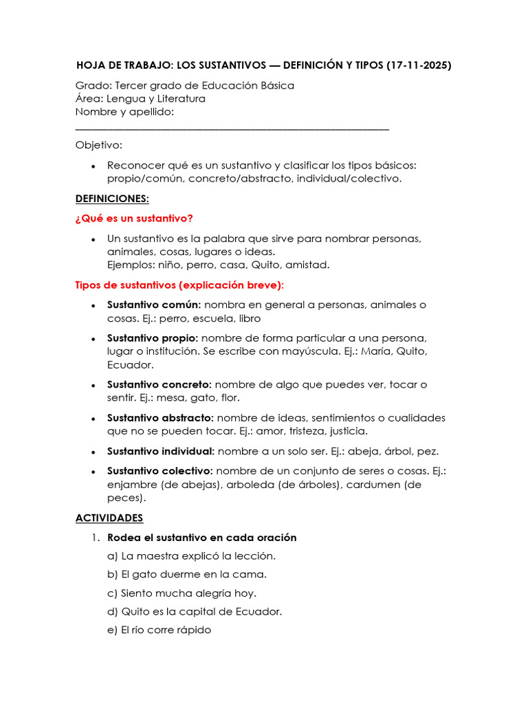 Actividades Ascincronicas Lengua Sustantivos-17!11!2025 | PDF | Sustantivo