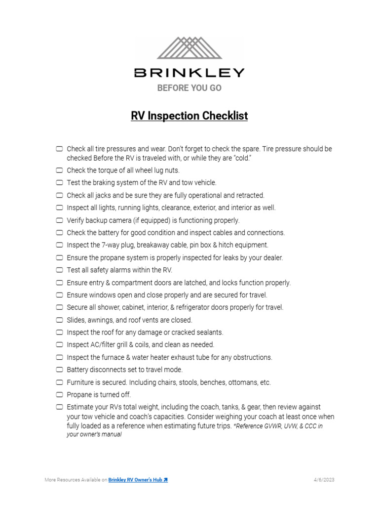 RV Inspection Checklist for Safe Travel | PDF