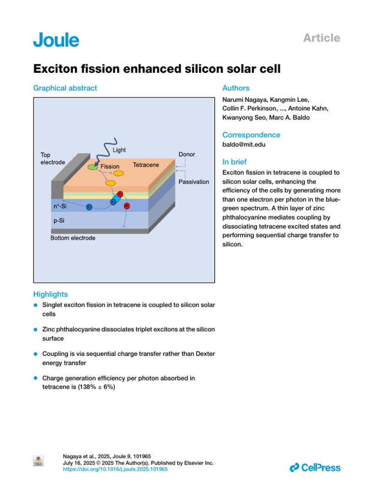 Exciton Fission Enhanced Silicon Solar Cell 2025 J | PDF | Solar Cell ...