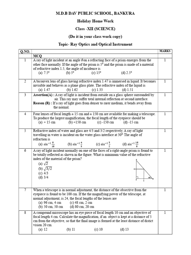 Class XII Ray Optics & Electrostatics Homework | PDF | Electric Field ...