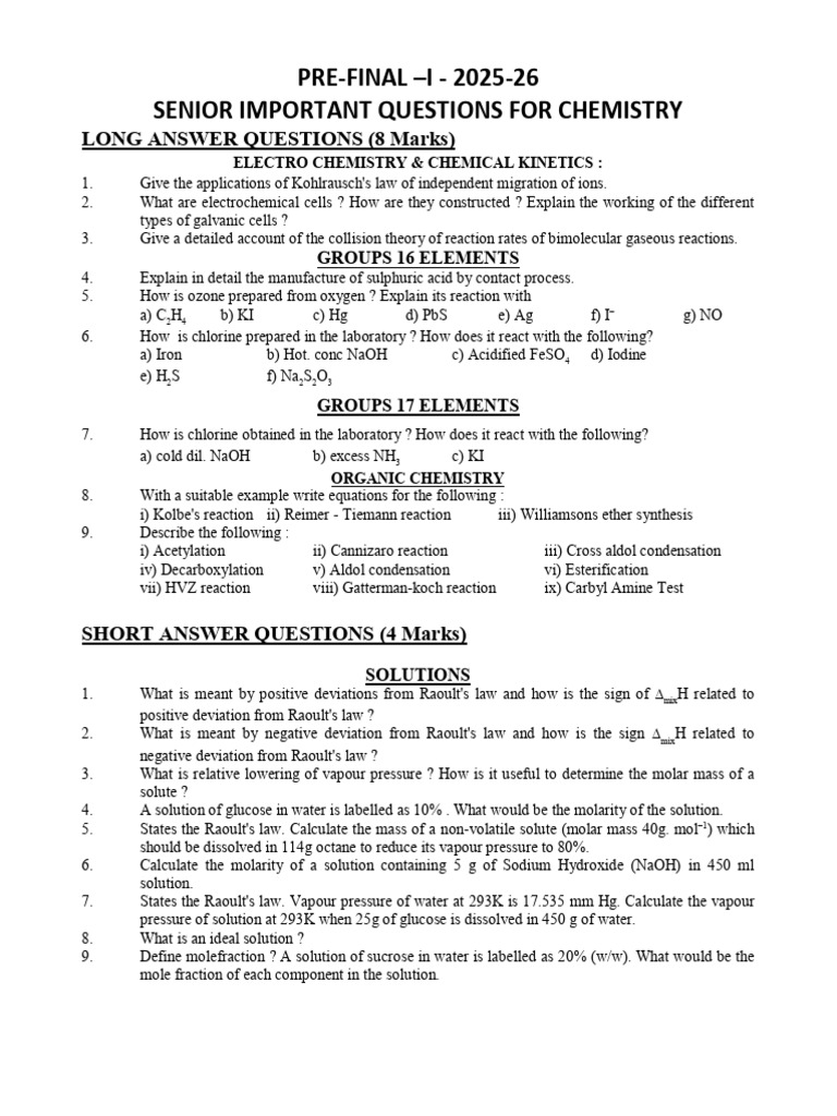 Senior Chemistry Important Questions 2025-26 | PDF | Coordination ...