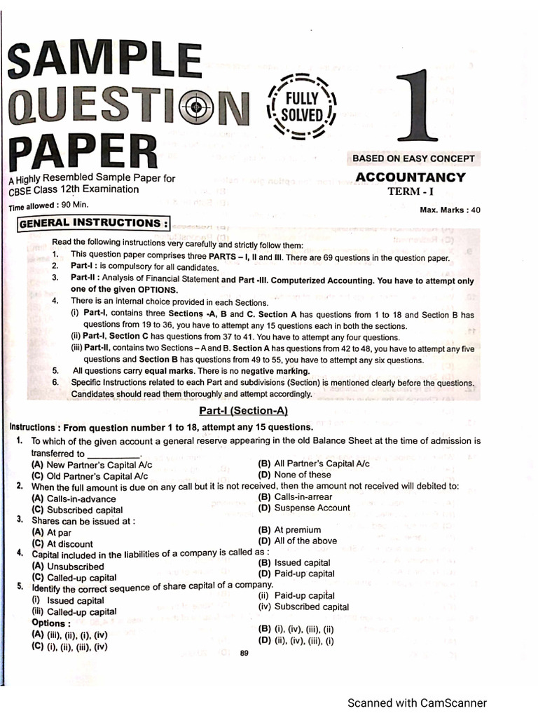 Term 1 Accounts Sample Paper. Spcc | PDF