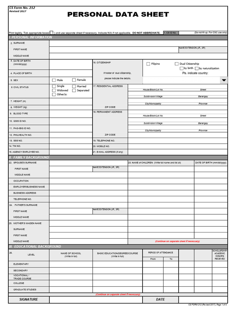 Personal Data Sheet CS Form 212 | PDF | Passport | Personally ...