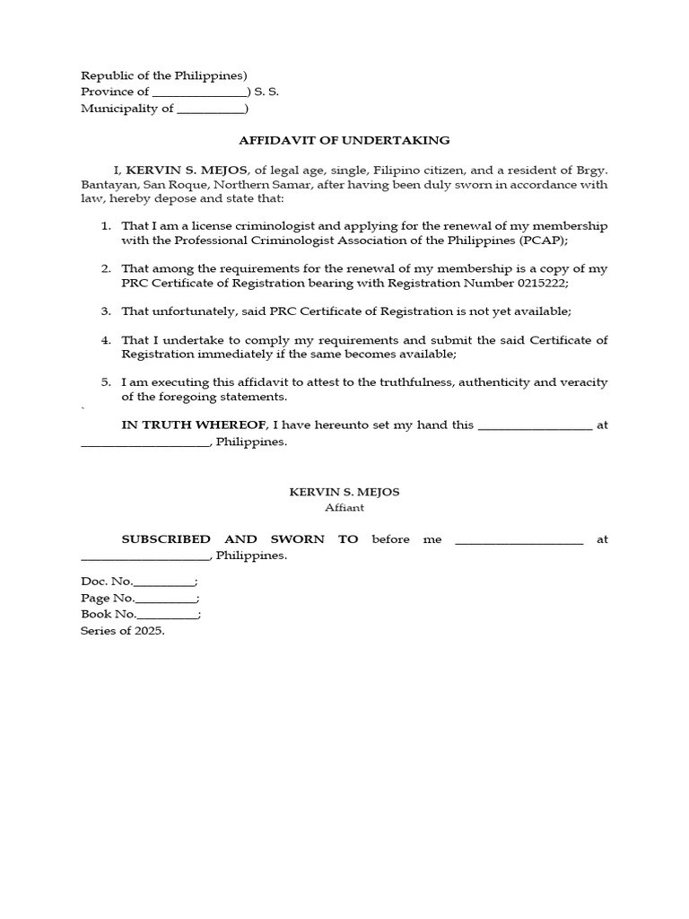 Affidavit of Undertaking-kervin s. Mejos-PDF | PDF