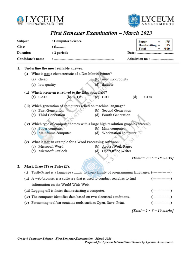 Grade 6 Computer Science Exam 2023 | PDF | Computing | Computer Science