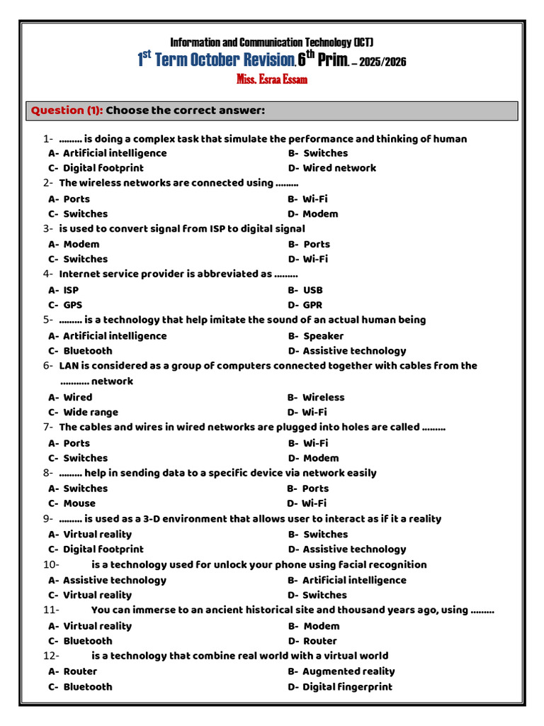 Prim6 - October 2025 Revesion Sheet | PDF | Wi Fi | Computer Network