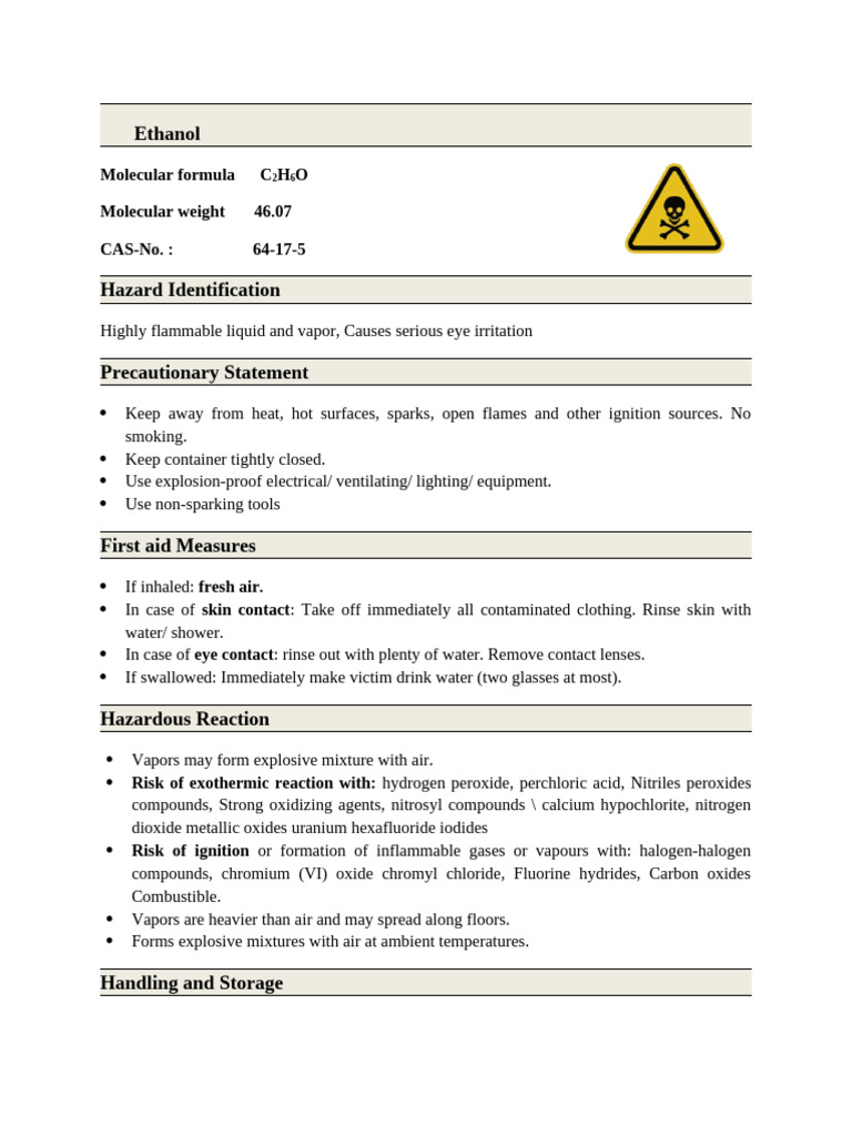 Ethanol Safety and Handling Guidelines | PDF