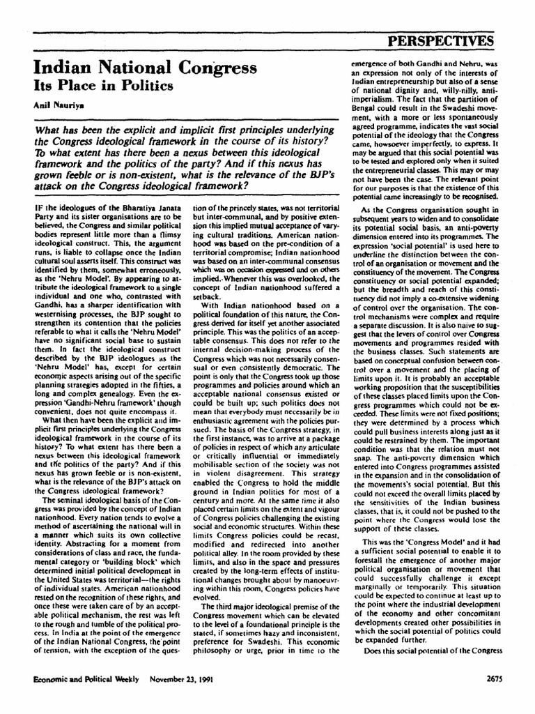 Congress Ideology and Political Dynamics | PDF | Bharatiya Janata Party ...