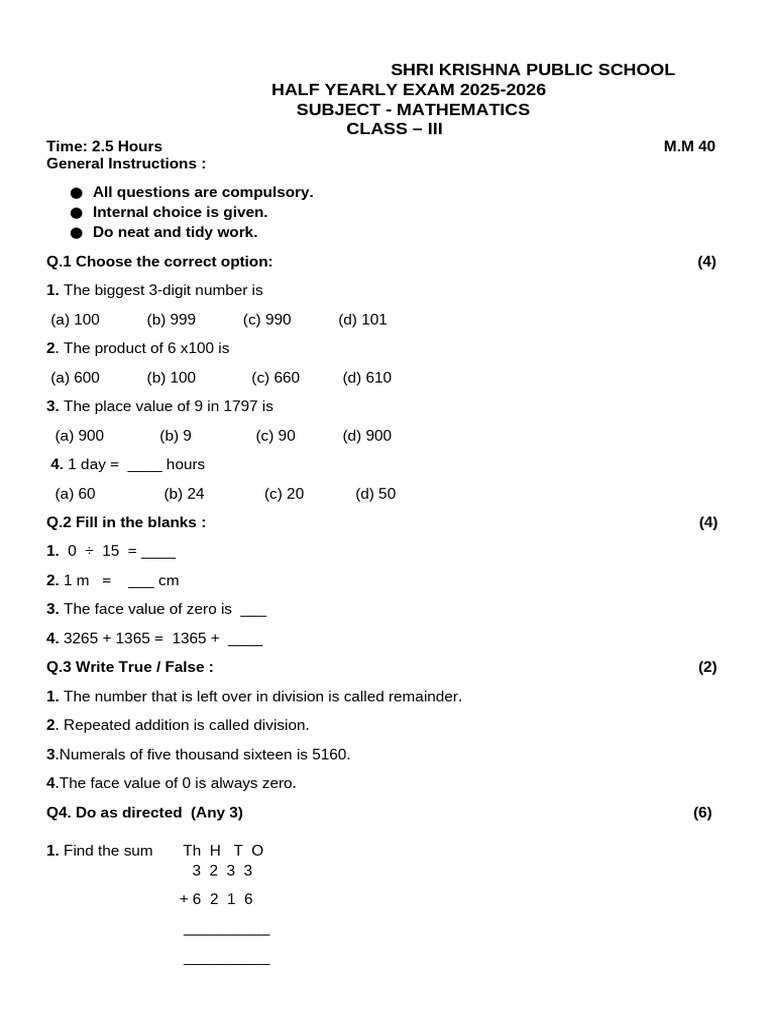 Class 3 Math Half Yearly Exam 2025-26 | PDF | Mathematics | Arithmetic