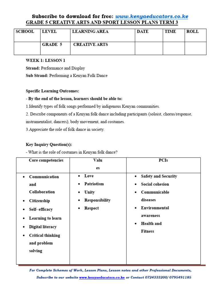 Grade 5 Kenyan Folk Dance Lesson Plans | PDF | Dances | Lesson Plan