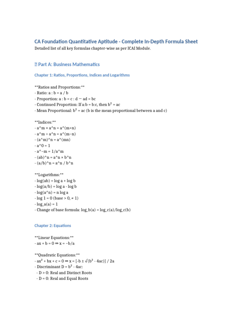 CA Foundation Quantitative Aptitude Formulas | PDF | Quadratic Equation ...