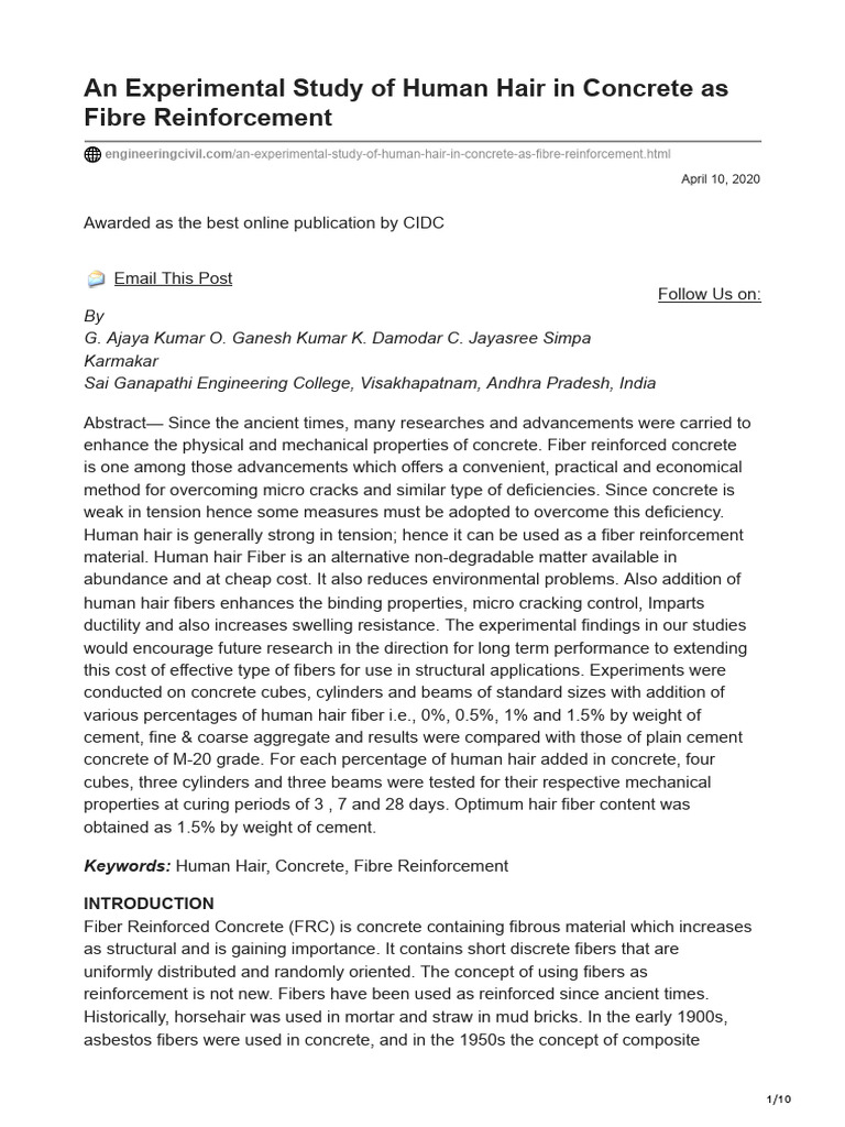 An Experimental Study of Human Hair in Concrete As Fibre Reinforcement ...