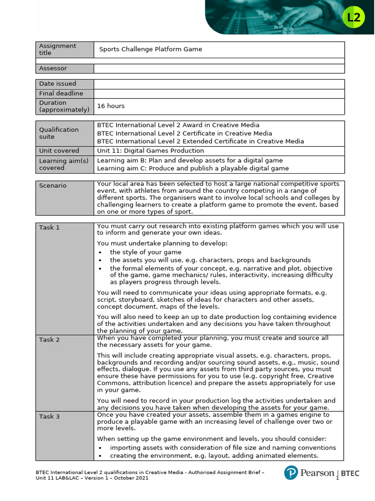 Unit 11 Digital Games Production AAB Learning Aims BC | PDF