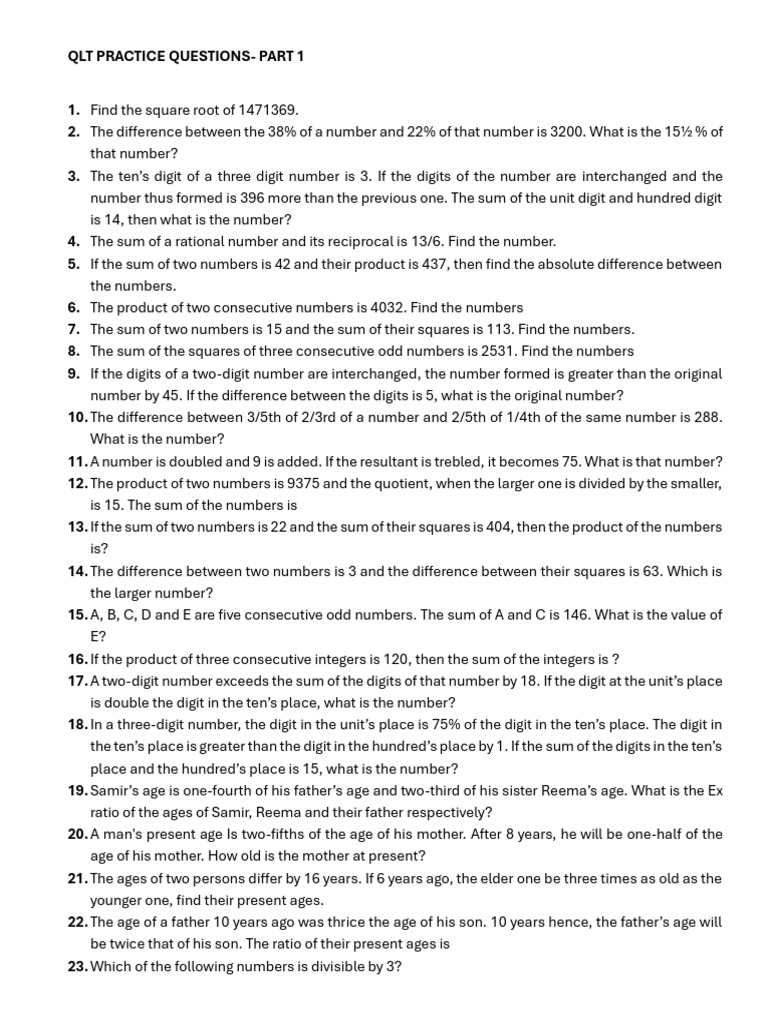 QLT Unit 1 Practice Questions | PDF | Numbers | Elementary Mathematics