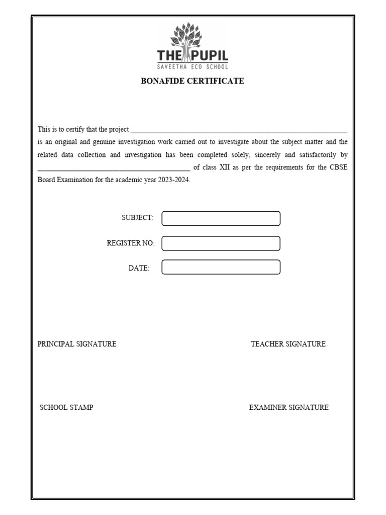 Bonafide Certificate for CBSE Project | PDF