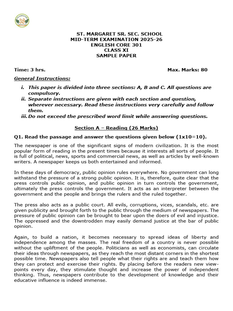 Class Xi Mid Term Sample Paper 2025 26 | PDF | Modernism | Liberal Arts ...