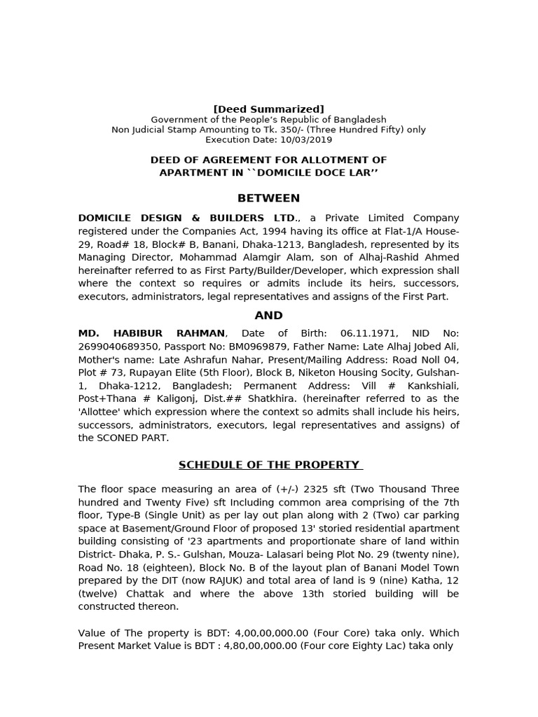 Rajuk Deed Summary | PDF