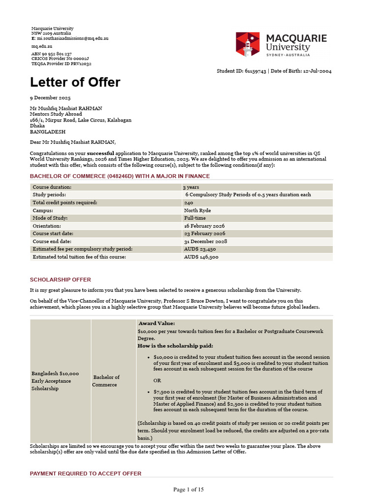 Macquarie University Admission Offer 2026 | PDF | Fee | Travel Visa