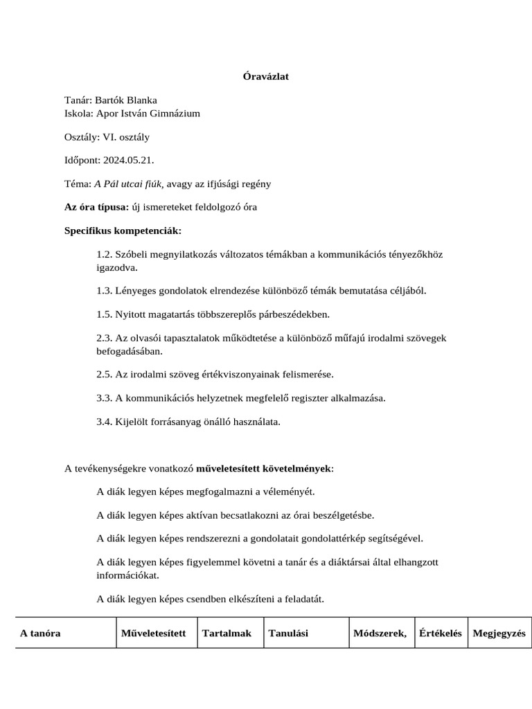 Óravázlat - Pál Utcai Fiúk | PDF