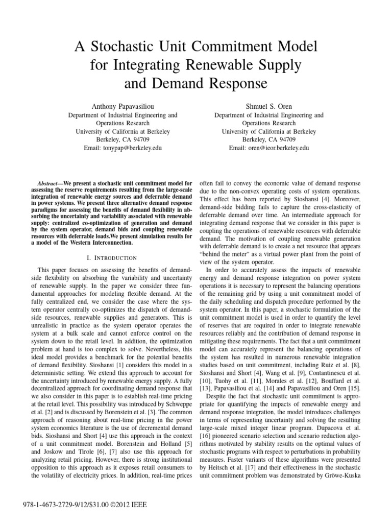 A Stochastic Unit Commitment Model For Integrating Renewable Supply and ...