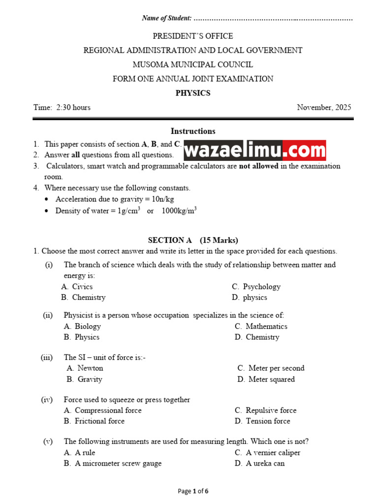Physics - Form One | PDF | Force | Density
