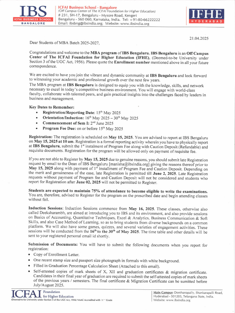 Welcome Letter to MBA Batch of 2025-27 | PDF