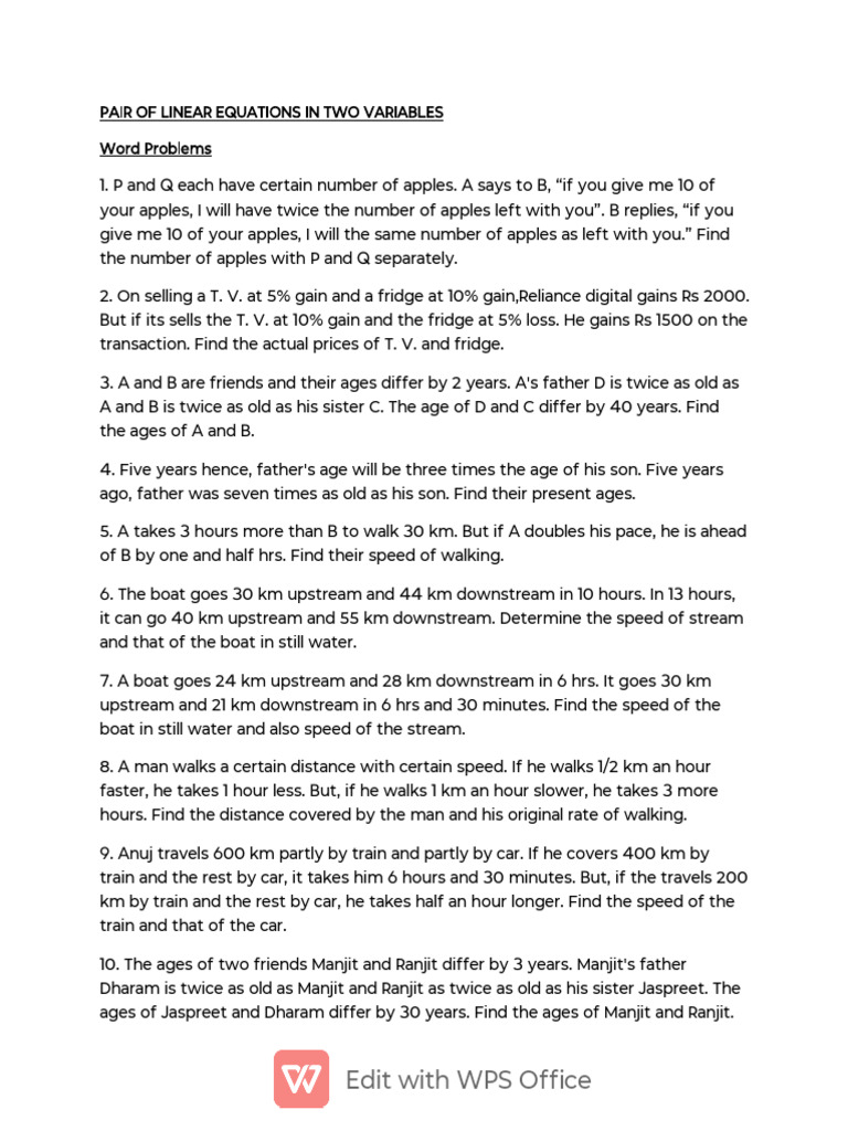 Linear Equations in 2 Variables Word Problems | PDF | Mathematics