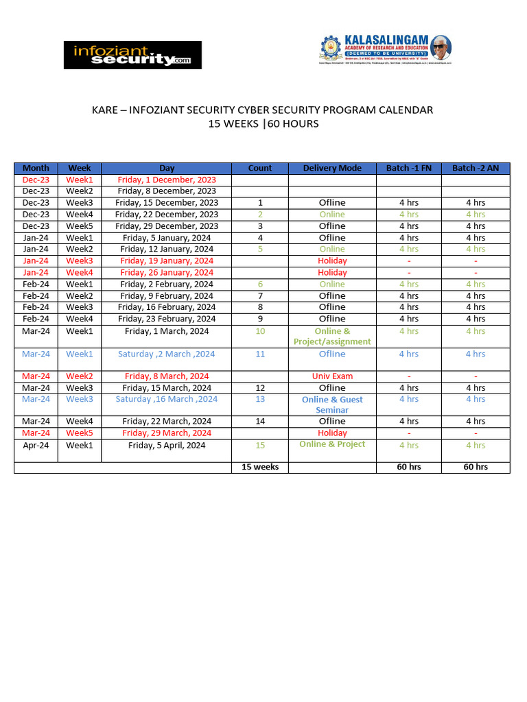 Infoziant Security Cyber Security Calender 2023 - Saturday Updated TT | PDF
