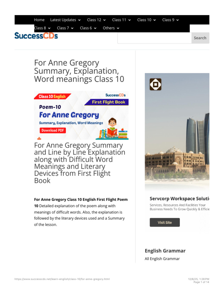 For Anne Gregory Summary, Explanation, Word Meanings Class 10 | PDF ...
