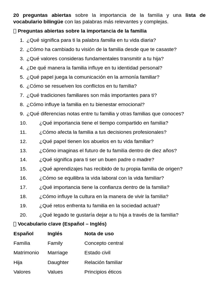 Preguntas sobre la importancia familiar | PDF | Sicología | Ciencias ...