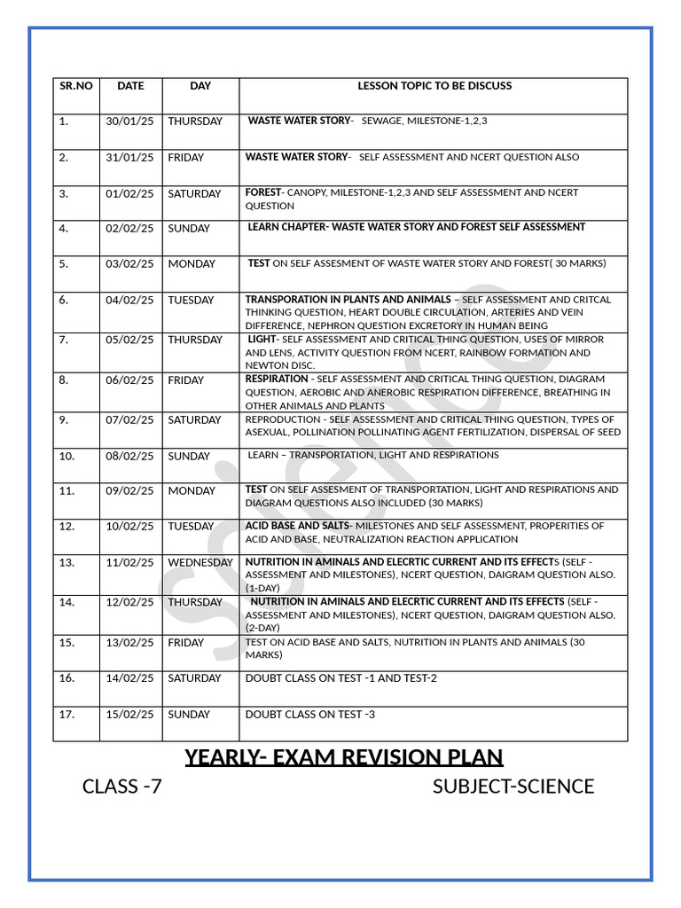 Revision Plan Class -7 | PDF