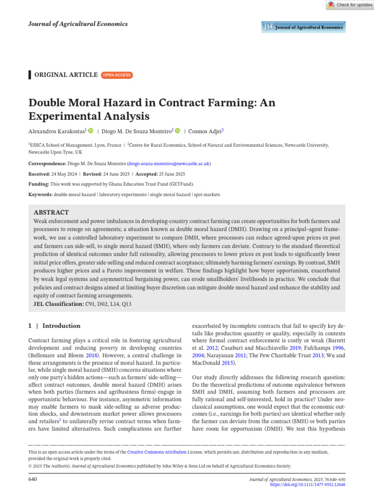 Double Moral Hazard in Contract Farming | PDF | Economics | Experiment