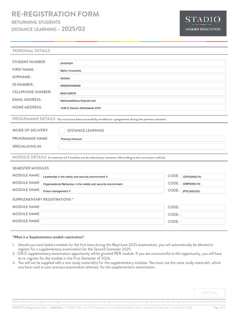 STADIO Distance Learning Re-Registration 2025 | PDF | Diploma | Career ...