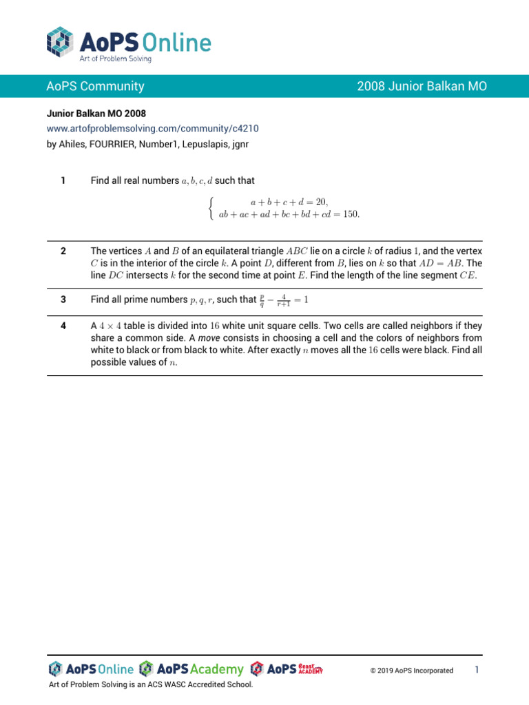 2008 Junior Balkan Math Olympiad Problems | PDF