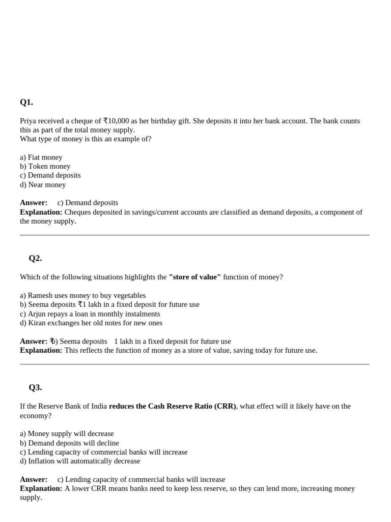 Economics_XII_Money_Test_4_With answers | PDF | Money | Fiat Money