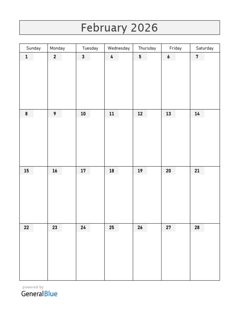 2026 02 February Calendar Blank Portrait Sunday Start En | PDF