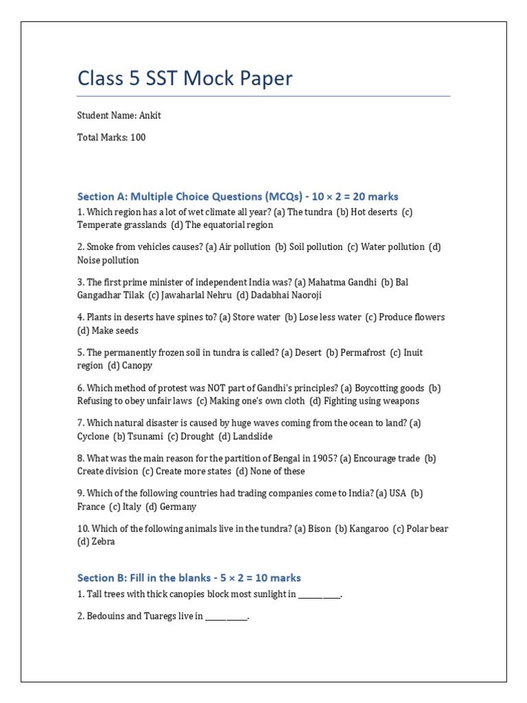 Class 5 SST Paper | PDF | Rain | Grassland