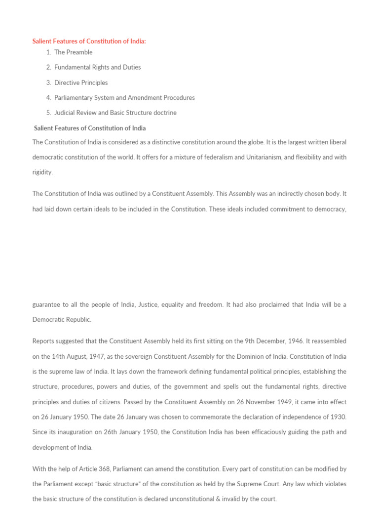Salient Features of Constitution of India | PDF | Political Law ...