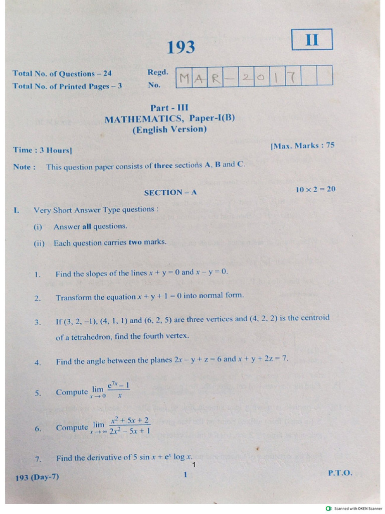 Maths 1B Previous Papers 2 EM | PDF