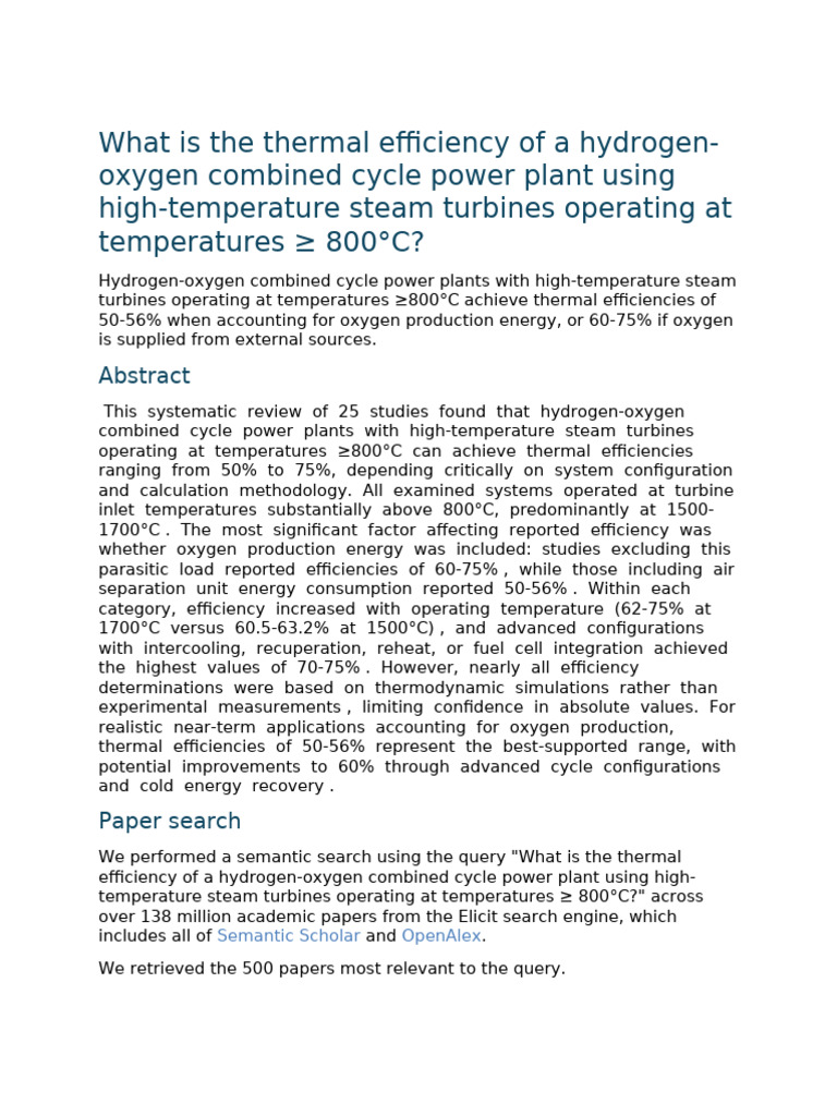Thermal Efficiency of H2-O2 Power Plants | PDF | Combustion | Temperature