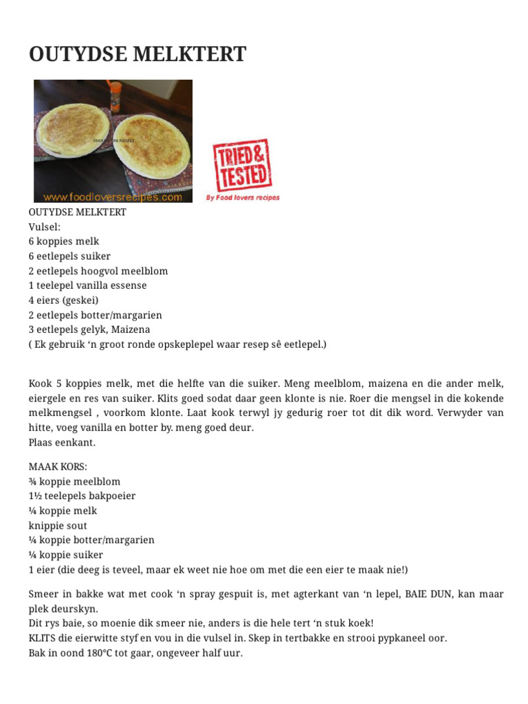 Outydse Melktert - Food Lovers Recipes | PDF