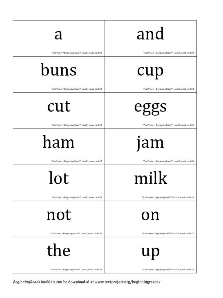 BeginningReads Level 1 Word Cards | PDF