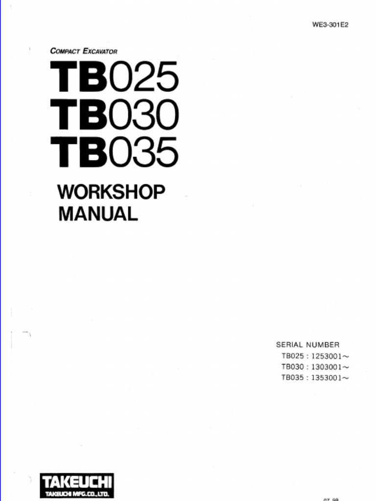 Takeuchi Compact Excavator Tb025030035 e We3 301e2 Workshop Manual | PDF