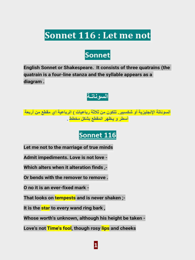 Shakespeare's Sonnet 116 Analysis | PDF | Stanzaic Form | Composition ...