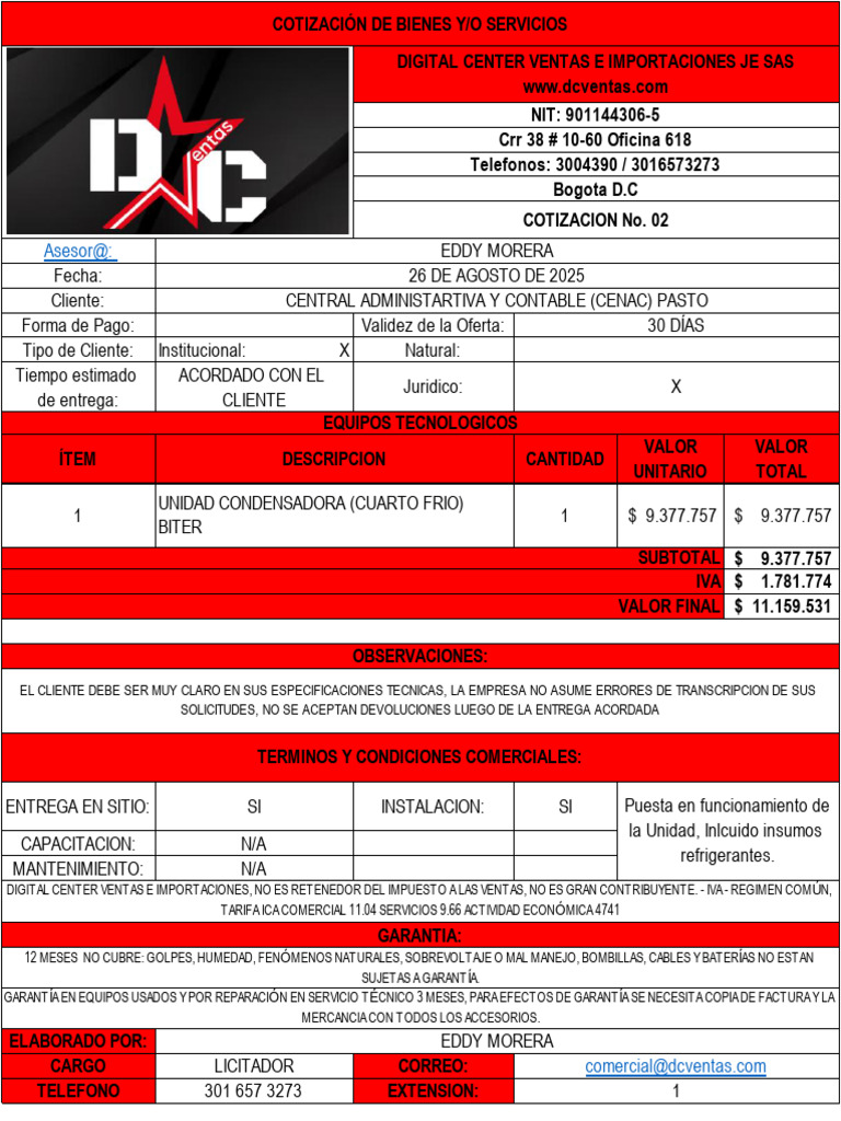 Cotización Dcv Compresor Cuarto Frio Biter | PDF | Economias