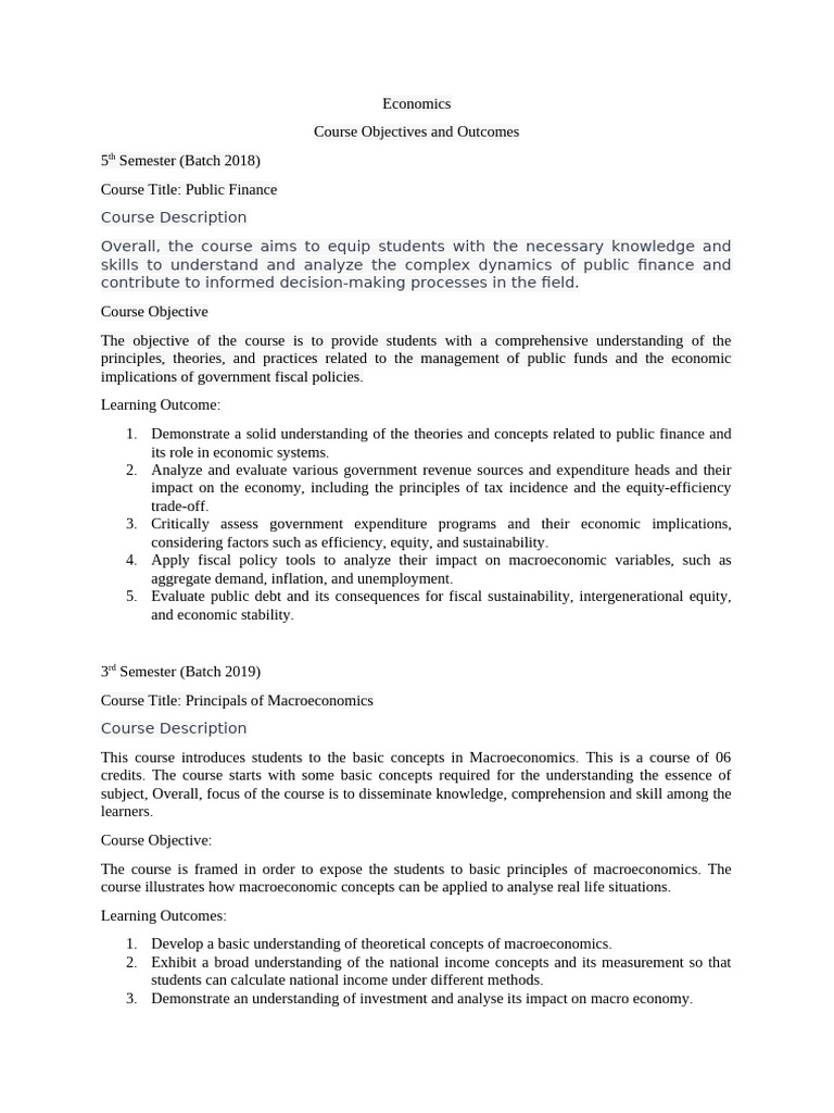 Course Objectives and Outcomes | PDF | Macroeconomics | Microeconomics