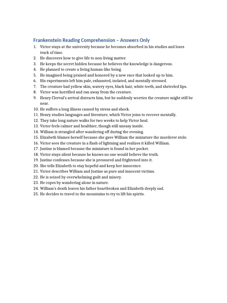 Frankenstein Reading Comprehension Answers | PDF