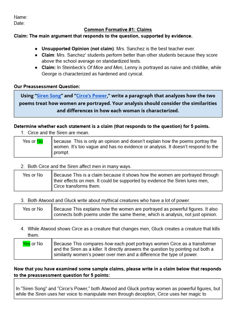 10.1.1 Common Formative #1 (Claims) - 1 | PDF